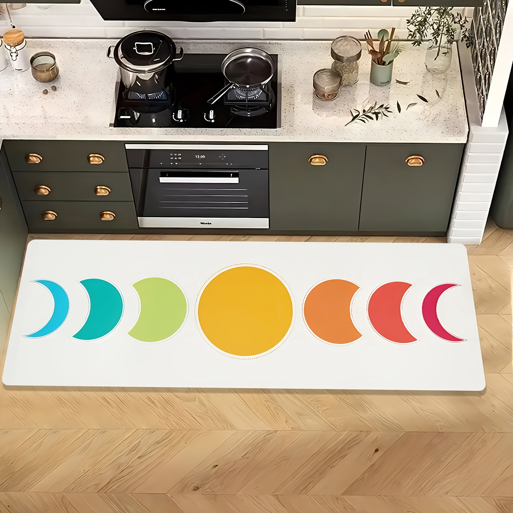 Sun & Moon Pattern Premium Flannel Kitchen Rug - Non-Slip, Machine ...