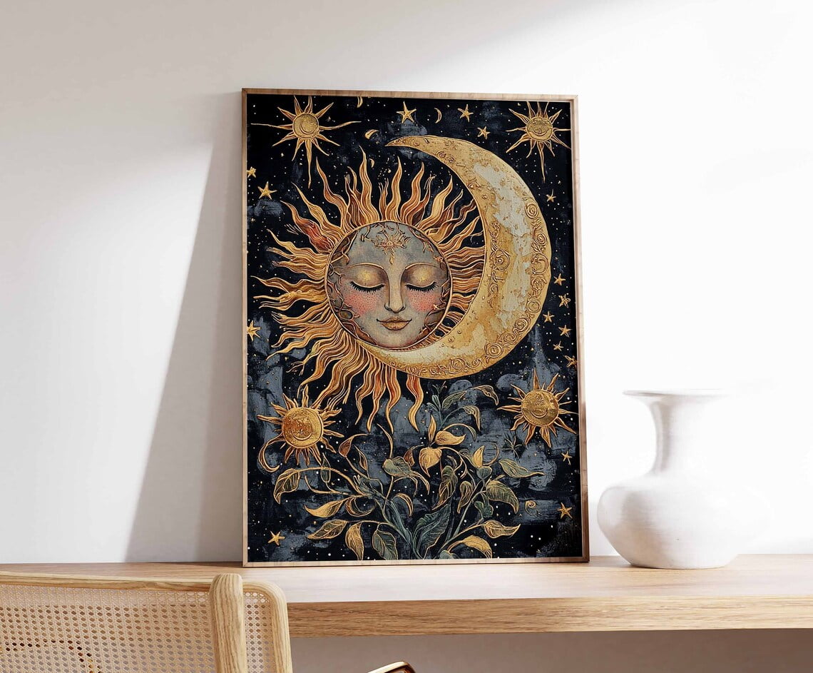 Sun And Moon Poster, Celestial Poster, Spiritual Decor, Vintage Poster ...