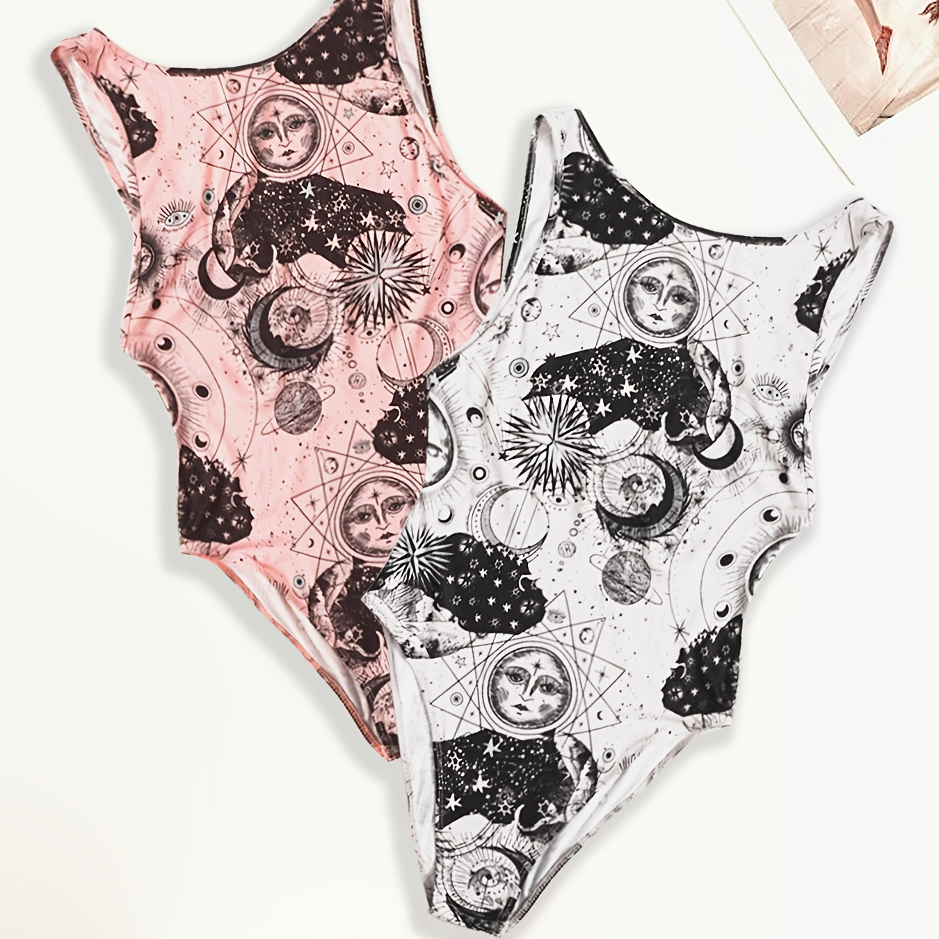 Sun & Moon Print Bodysuit 2 Pack, Y2K Sleeveless Crew Neck Bodysuit ...