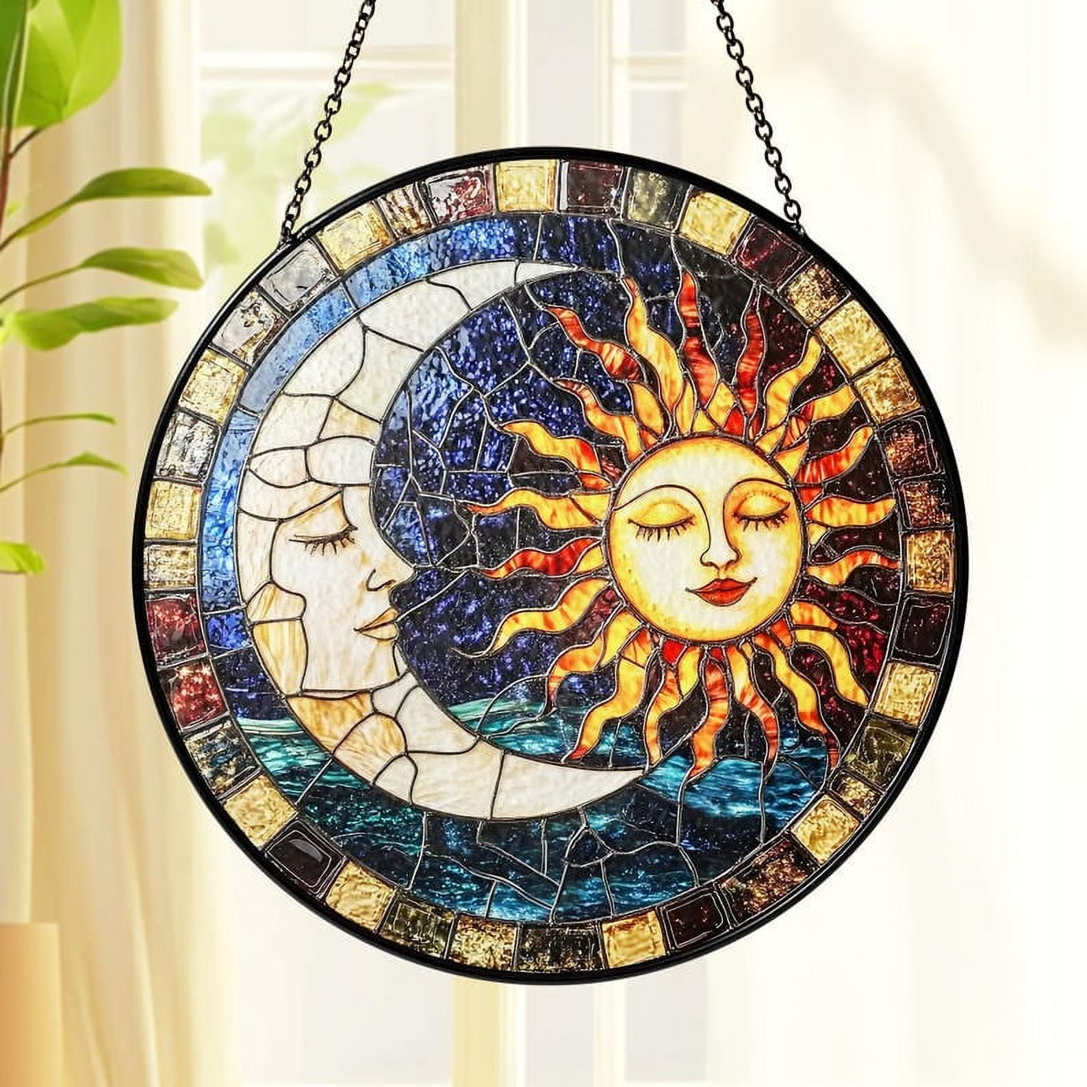 Sun & Moon Stained Glass SunCatcher, Sun and Moon with Faces Light ...