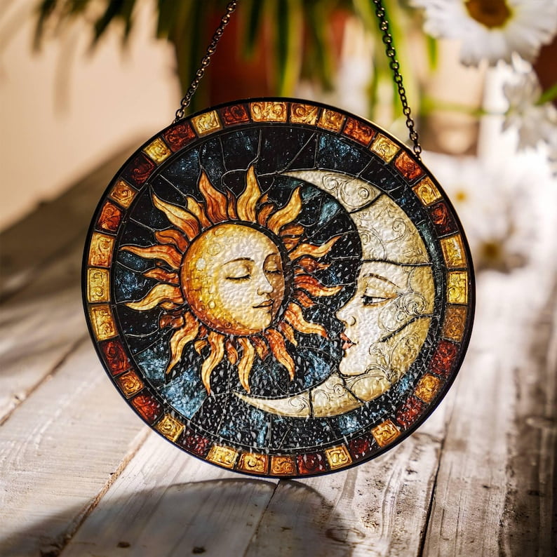 Sun & Moon Stained Glass SunCatcher Sun and Moon with Faces Light ...
