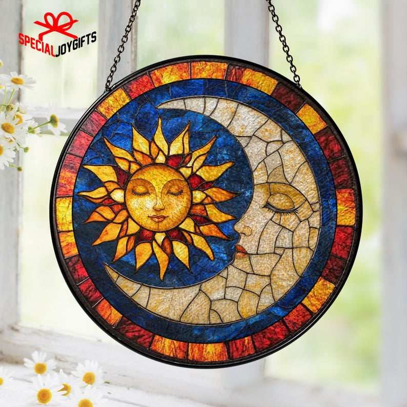 Sun & Moon Stained Glass SunCatcher with Stand, Sun and Moon with Faces ...