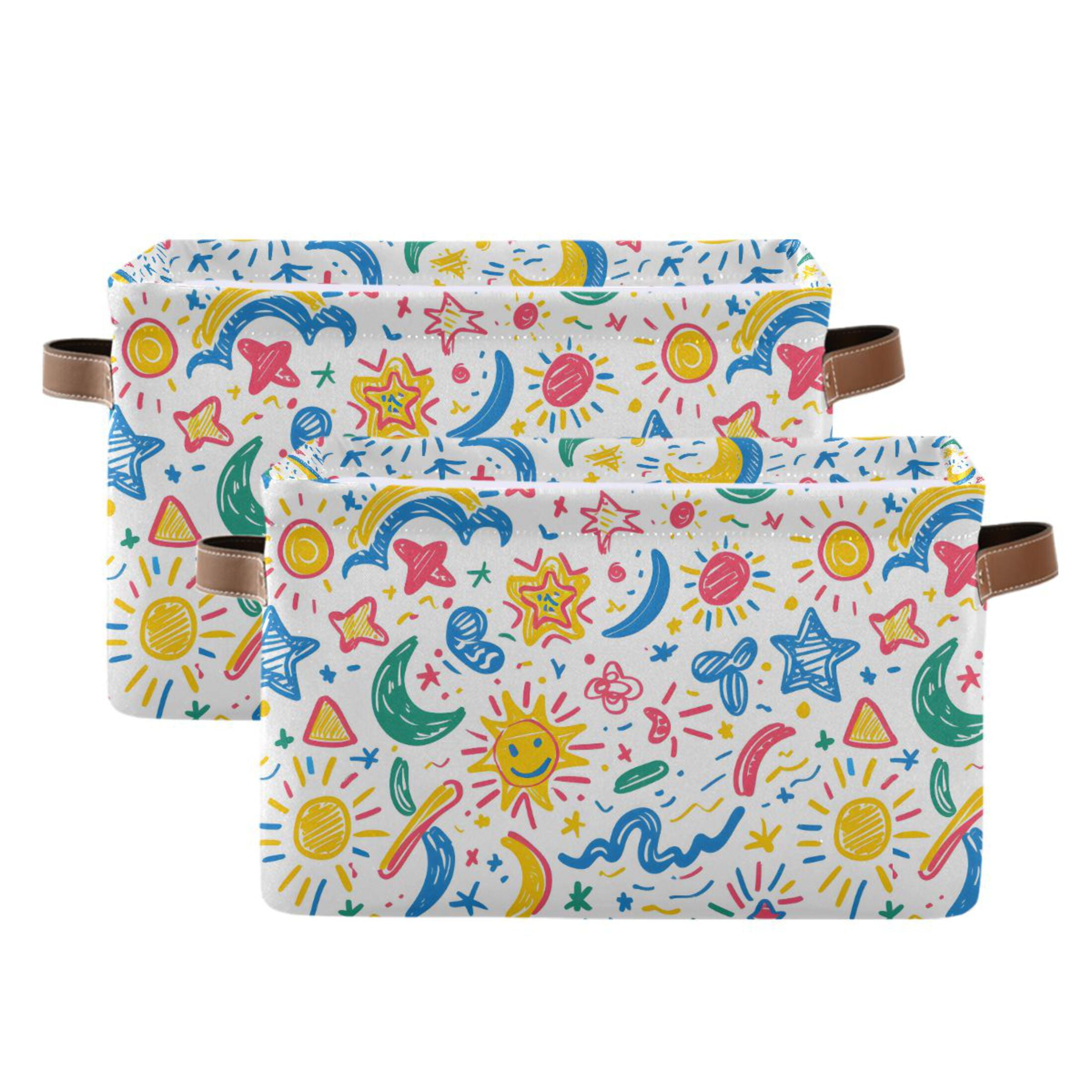 Sun Moon Star Line Storage Bins with Handle Fabric Organizer Basket Foldable Box 2 Pack 14.2x10 ...