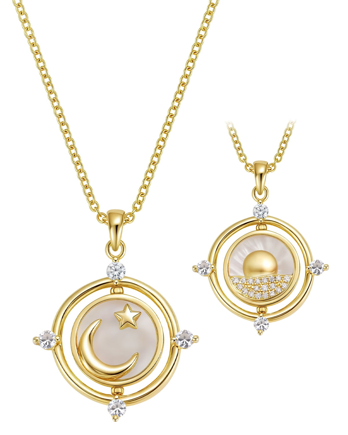 Sun Moon Star Ocean Compass Necklace: 14K Gold Plated Mother of Pearl ...