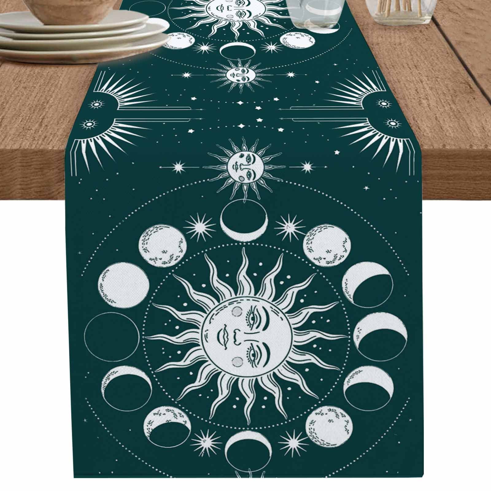Sun and Moon Starry Night on Green Table Runner-70 Inch Long Vintage ...
