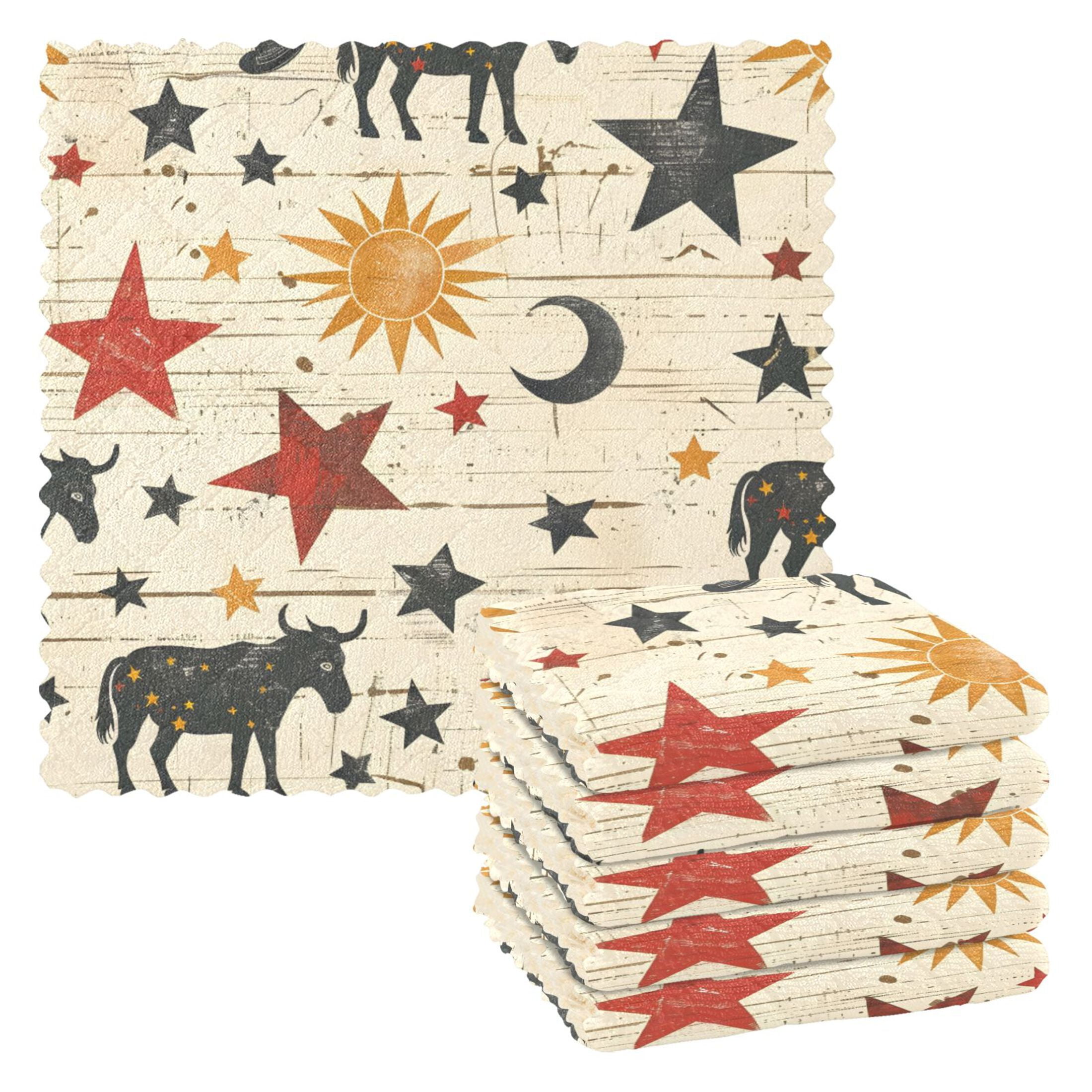 Sun Moon Stars and Bull Dish Cloths Dish Towels Cleaning Cloths Quick ...