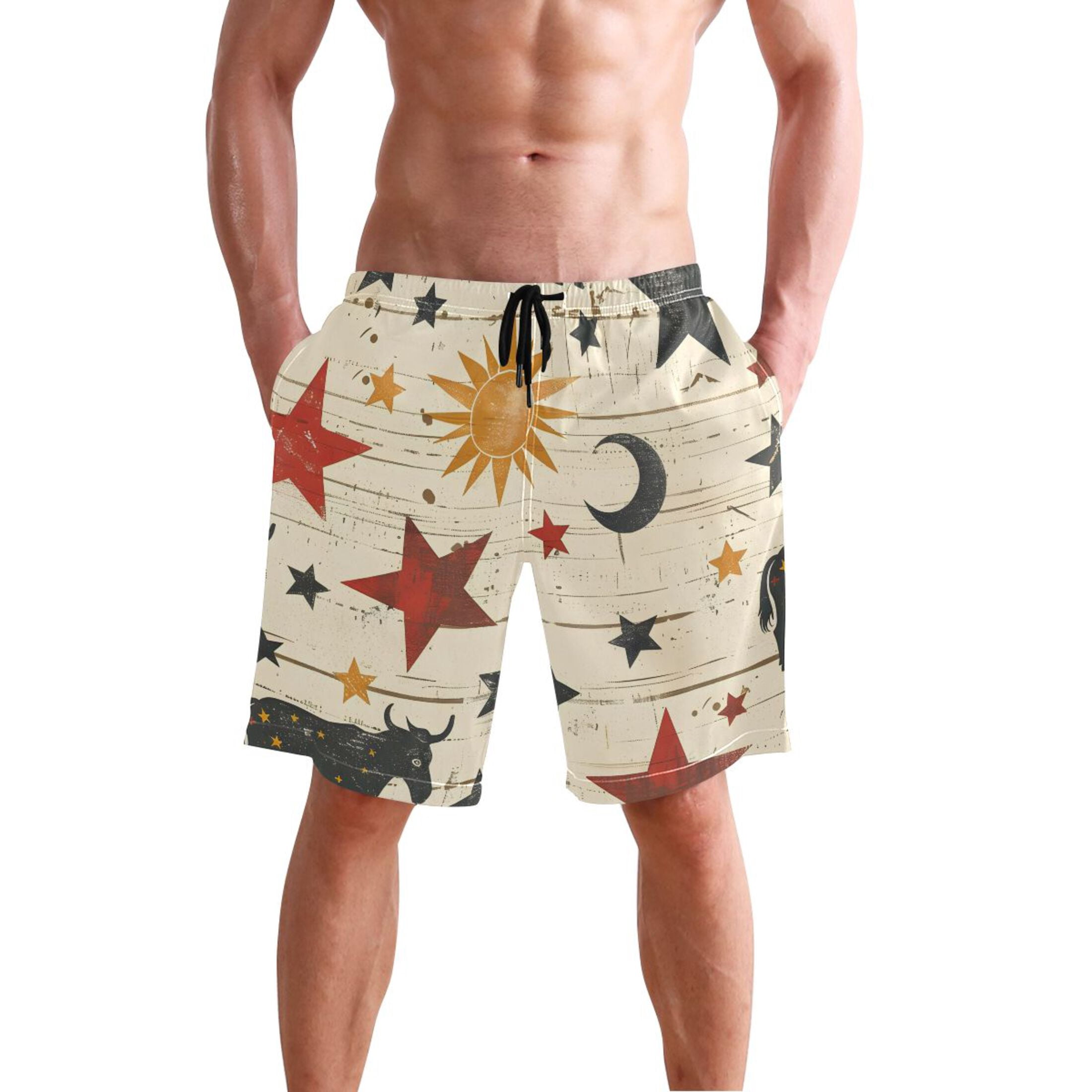 Sun Moon Stars and Bull Men's Swim Trunks Beach Shorts Bathing Bottoms ...