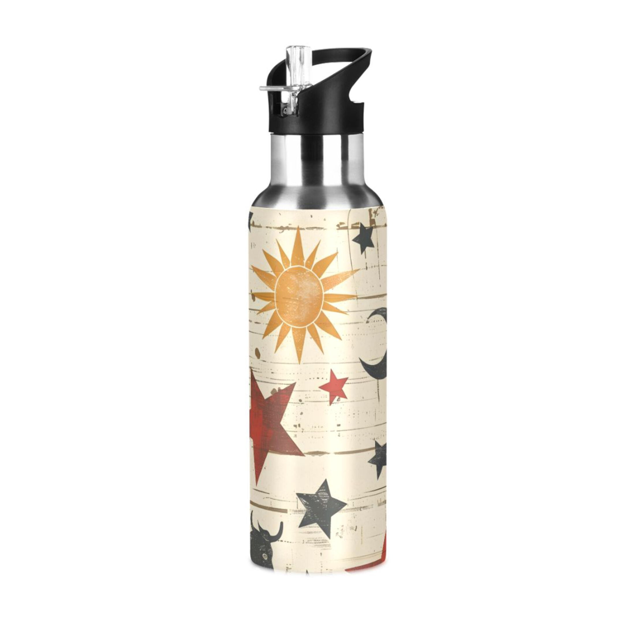 Sun Moon Stars and Bull Sports Bottle with Straw Stainless Steel Water ...