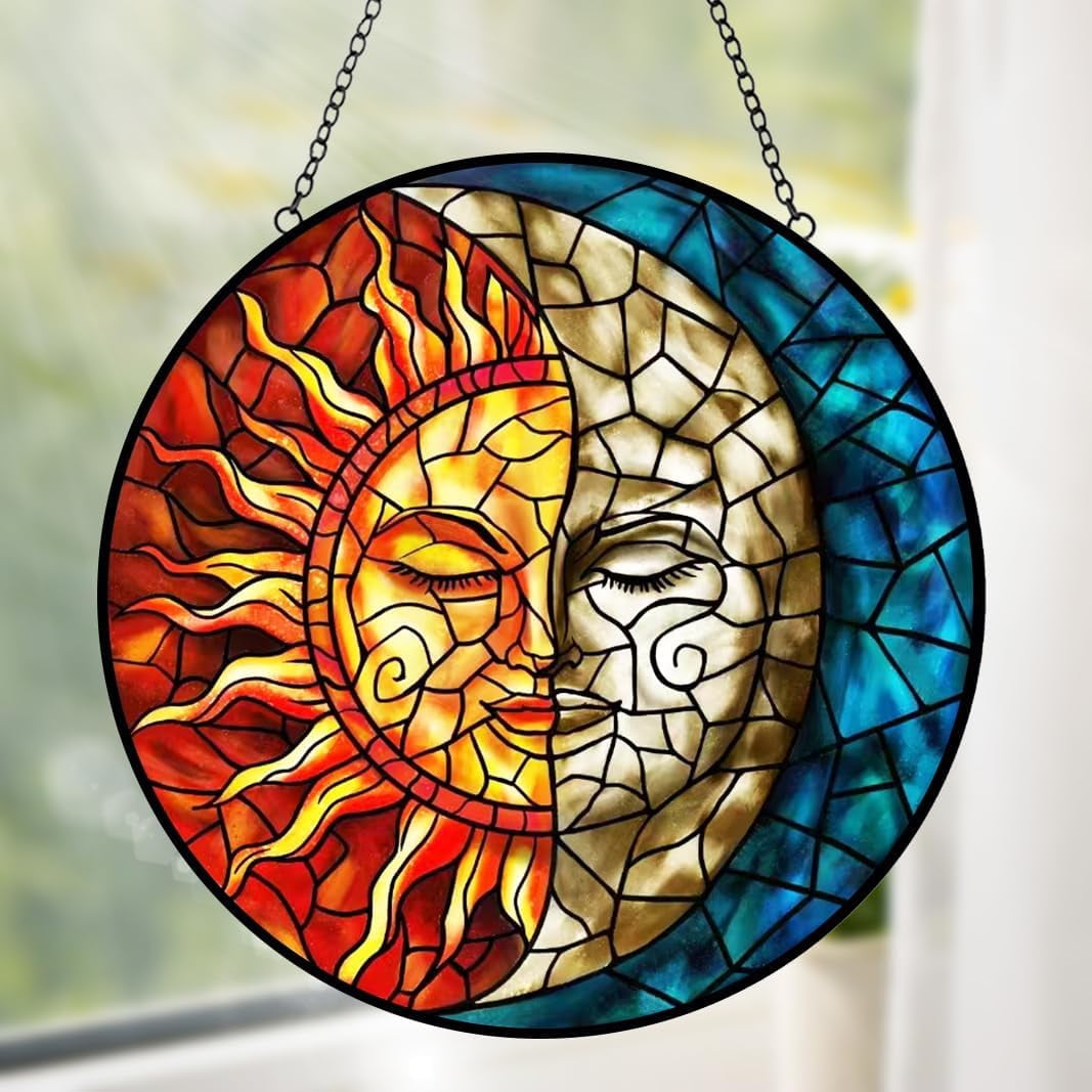 Sun and Moon Suncatcher Stained Glass Window Hanging - Handmade Sun ...