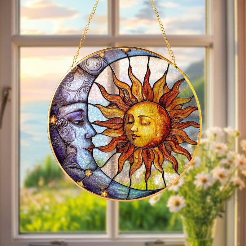 Sun & Moon Suncatcher Stained Glass With Golden Frame, Sun and Moon ...