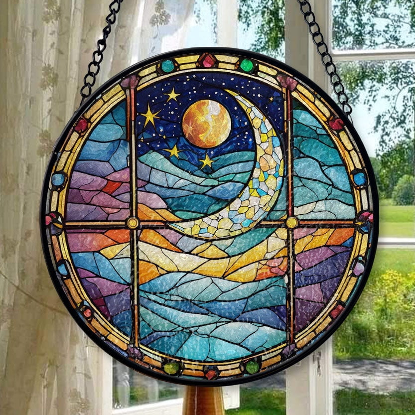 Sun And Moon Suncatcher, Window Faux Stained Glass, Light Catcher For ...