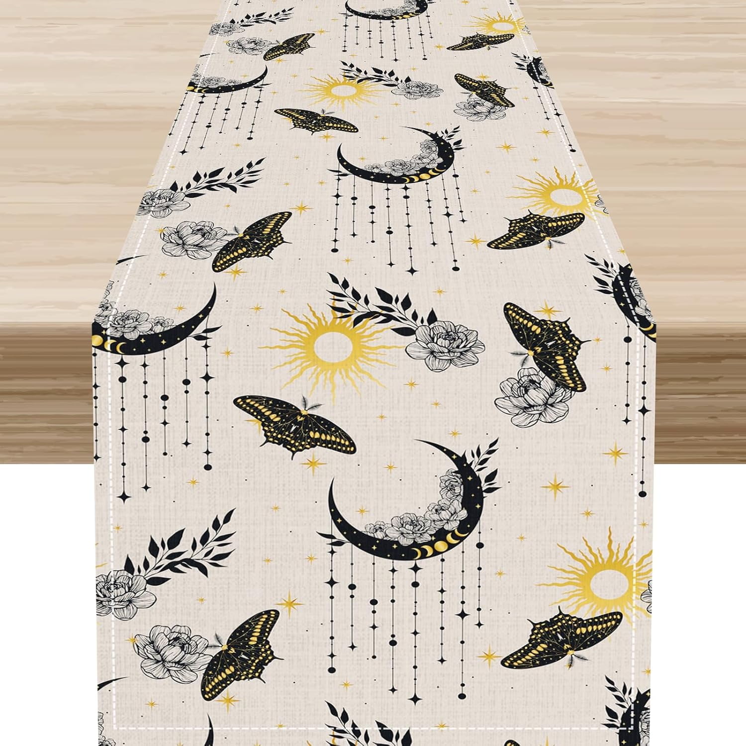 Sun Moon Table Runner, Astrology Mystical Moth Retro Floral Starlit ...