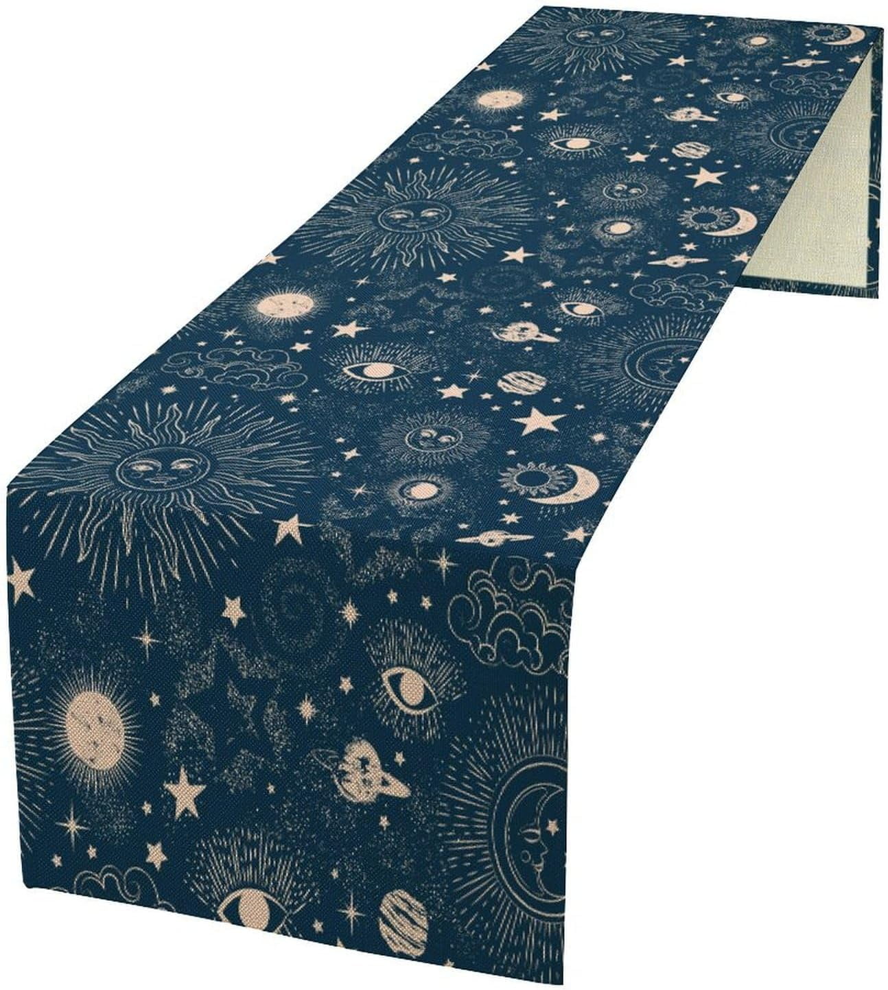 Sun Moon Table Runner, Zodiac Vintage Mystic Blue Space Galaxy Moon ...