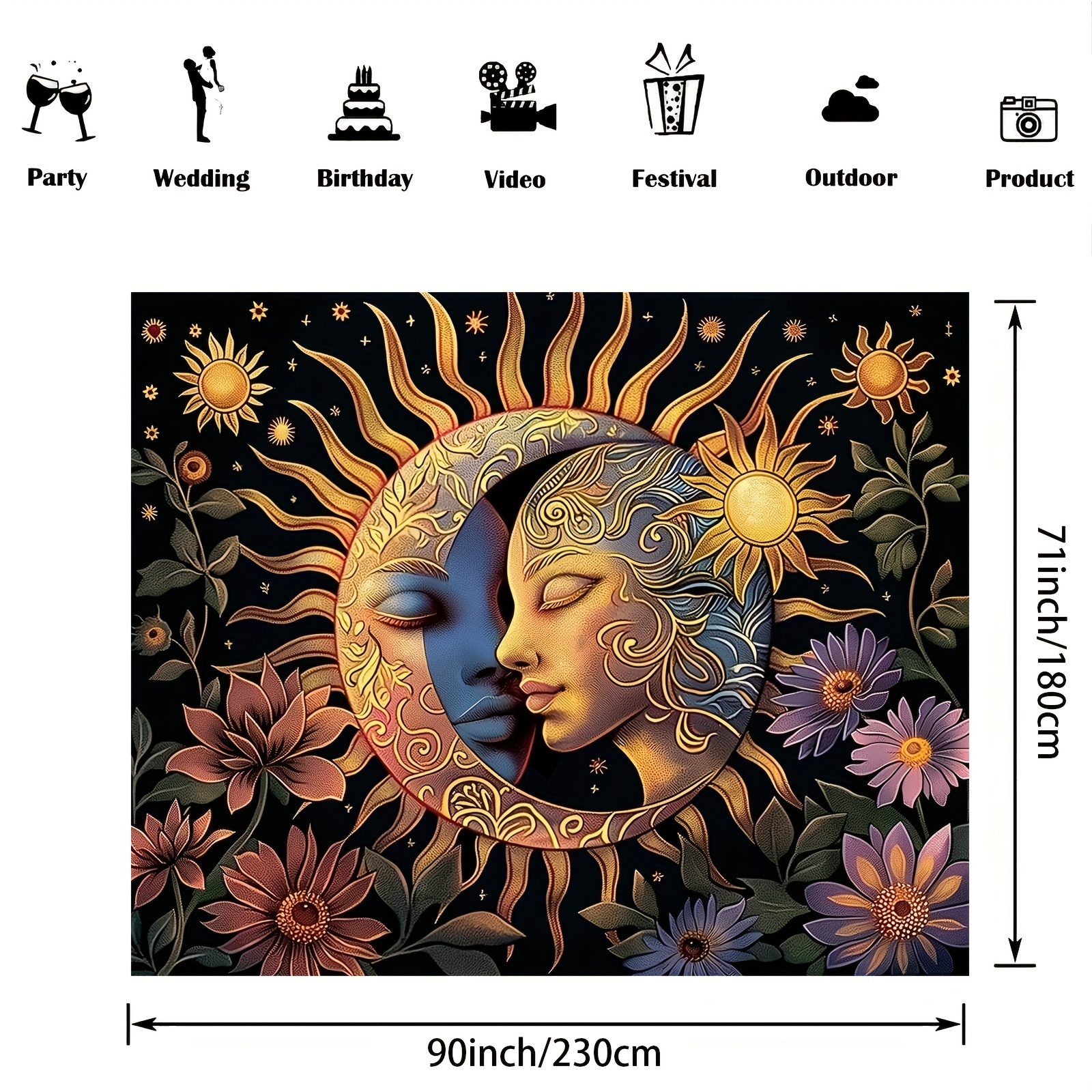Sun and Moon Tapestry Backdrop Polyester Hippie Boho Floral Banner for ...