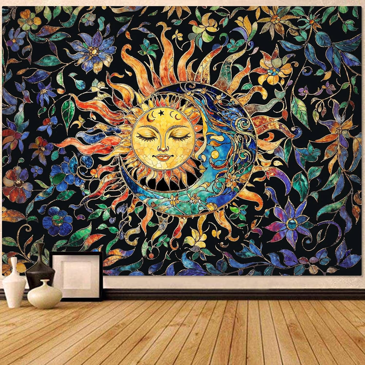 Sun and Moon Tapestry for Bedroom Boho Hippie Floral Wall Tapestry ...