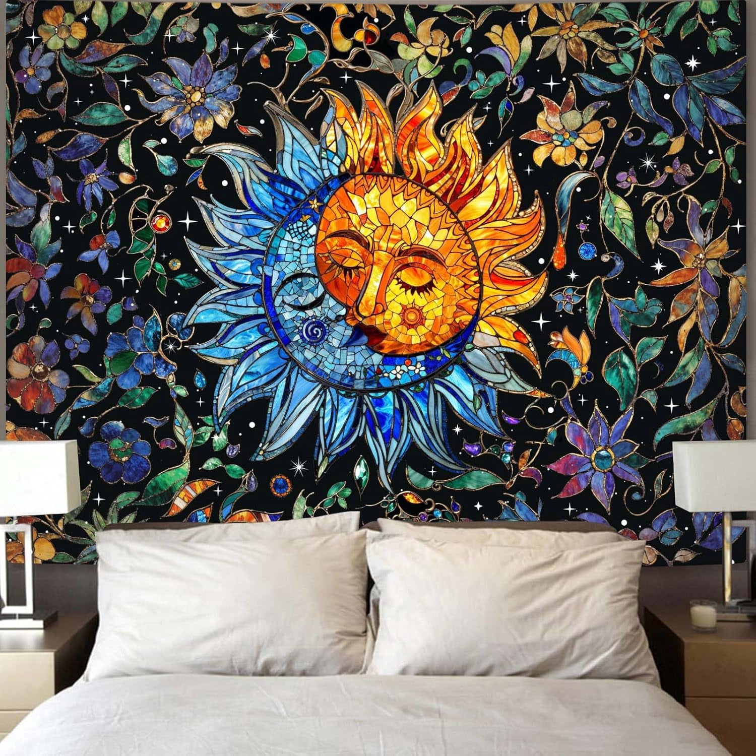 Sun and Moon Tapestry Boho Hippie Orange Red Blue Floral Tapestry for ...