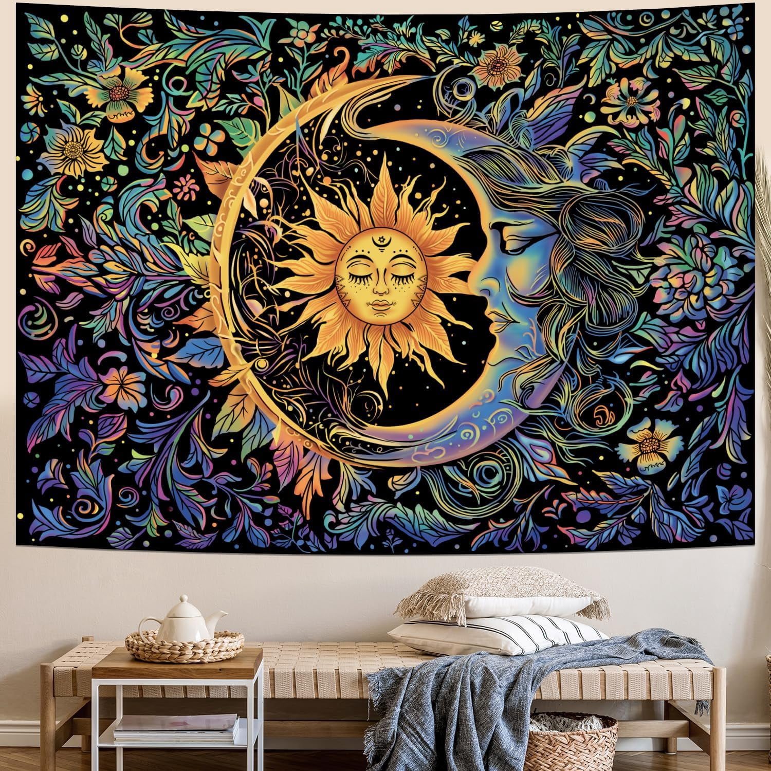 Sun and Moon Tapestry Psychedelic Mystic Floral Tapestry Hippie Boho ...