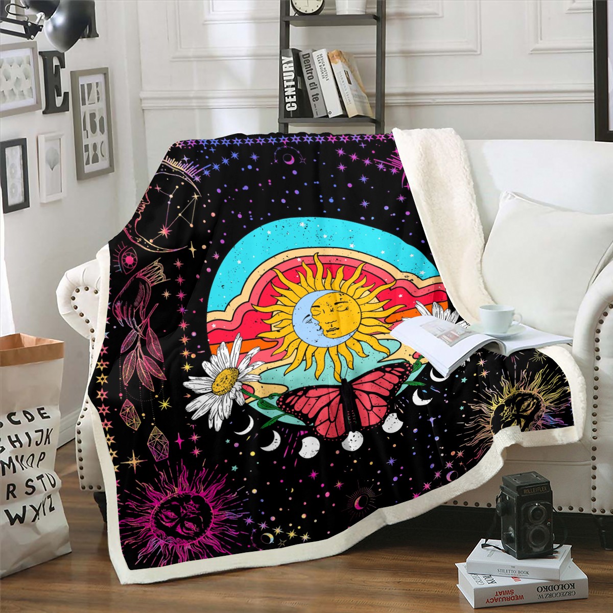 Sun and Moon Throw Blanket Boho Butterfly Design Decor Fuzzy Blanket 40 ...