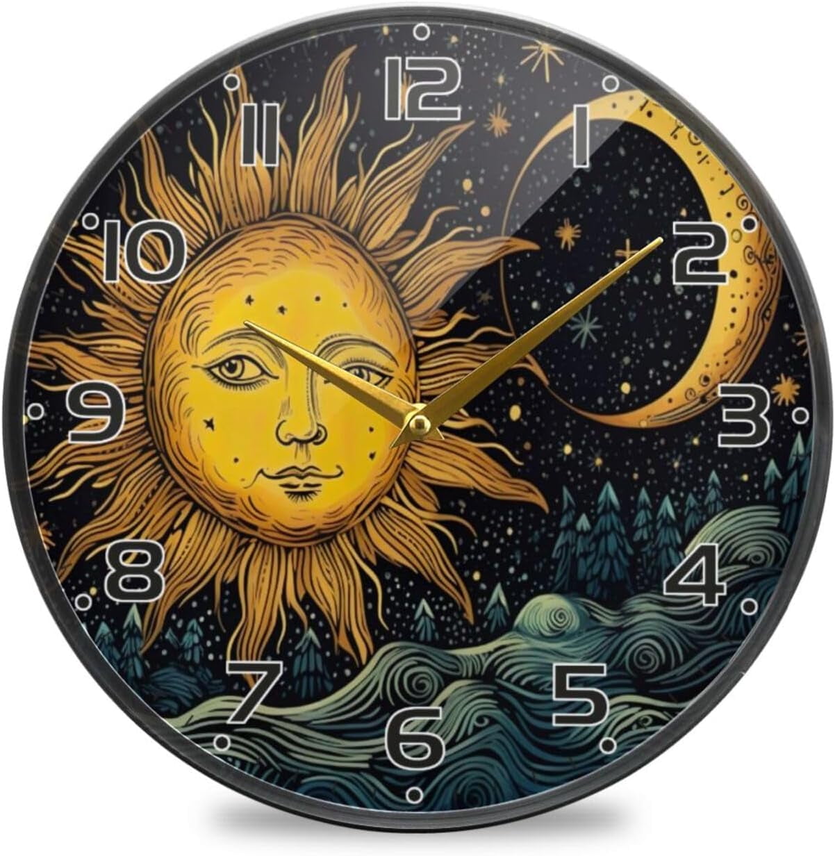 Sun and Moon Wall Clock Round Silent Non Ticking Battery Operated ...