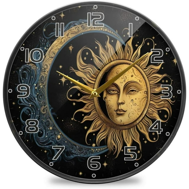 Sun and Moon Wall Clock Round Silent Non Ticking Battery Operated ...