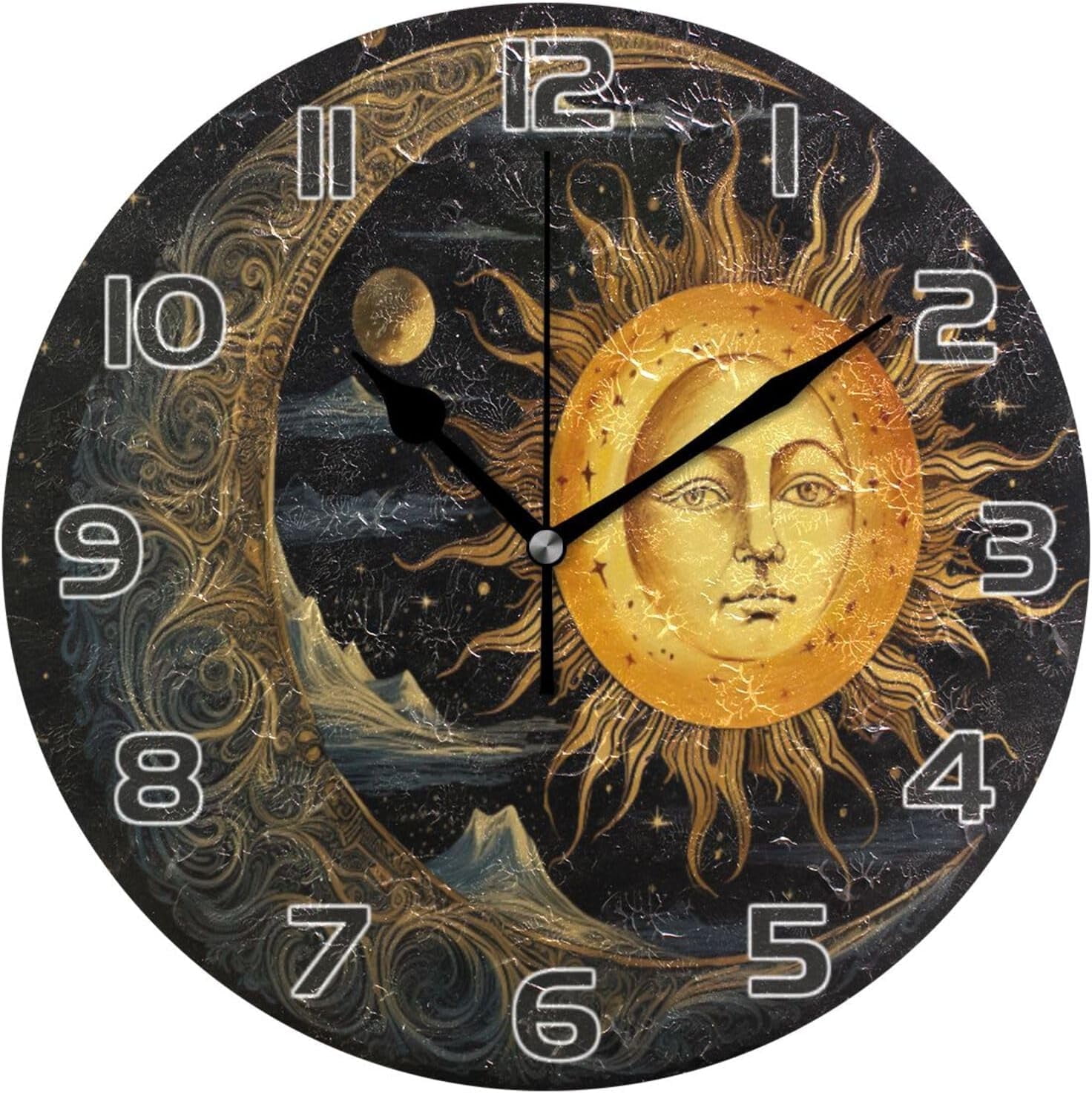 Sun and Moon Wall Clock Round Vintage Silent Non Ticking Battery ...