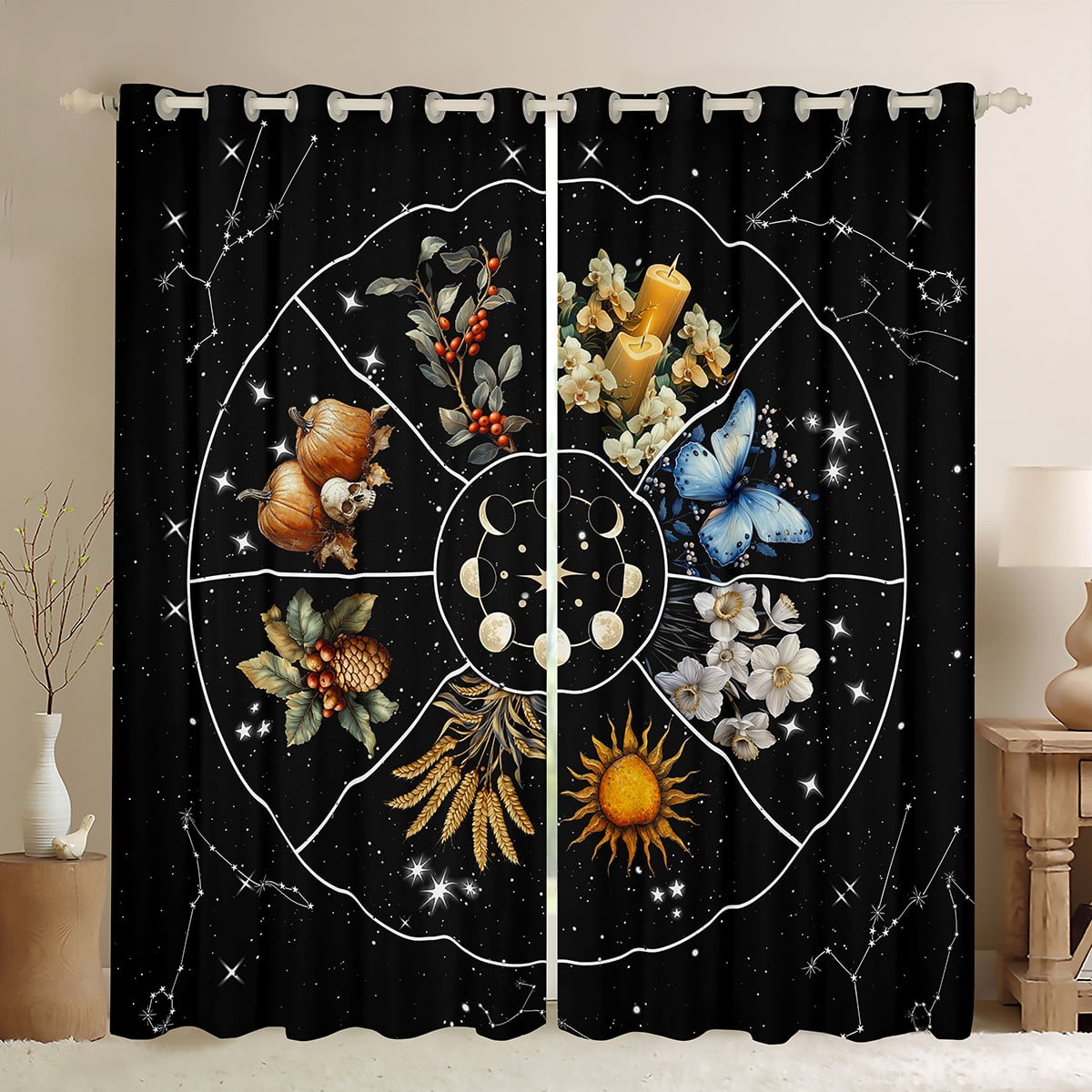 Sun and Moon Window Curtain,Rustic Floral Plants Curtains Teens Room ...