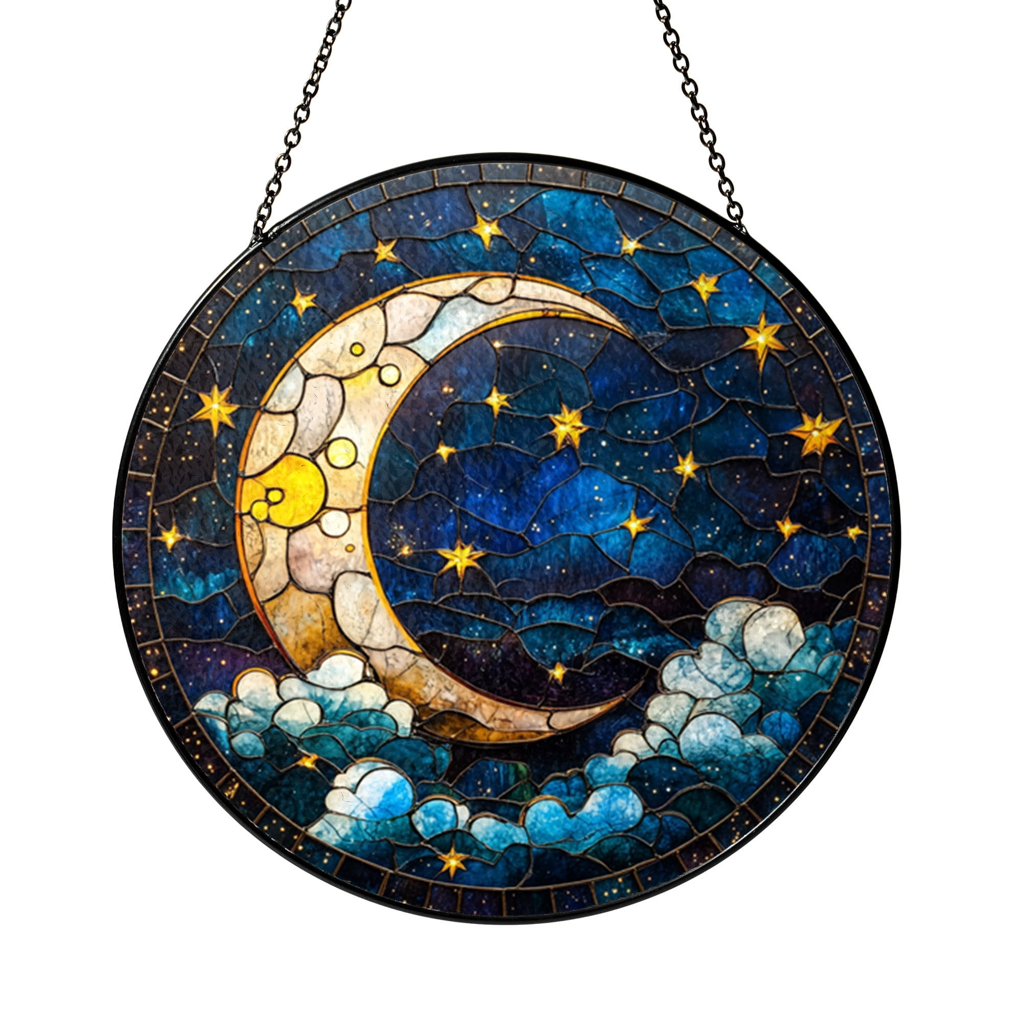 Sun Moon and Stars Faux Stained Glass Window Hanging – Night Sky Decor ...