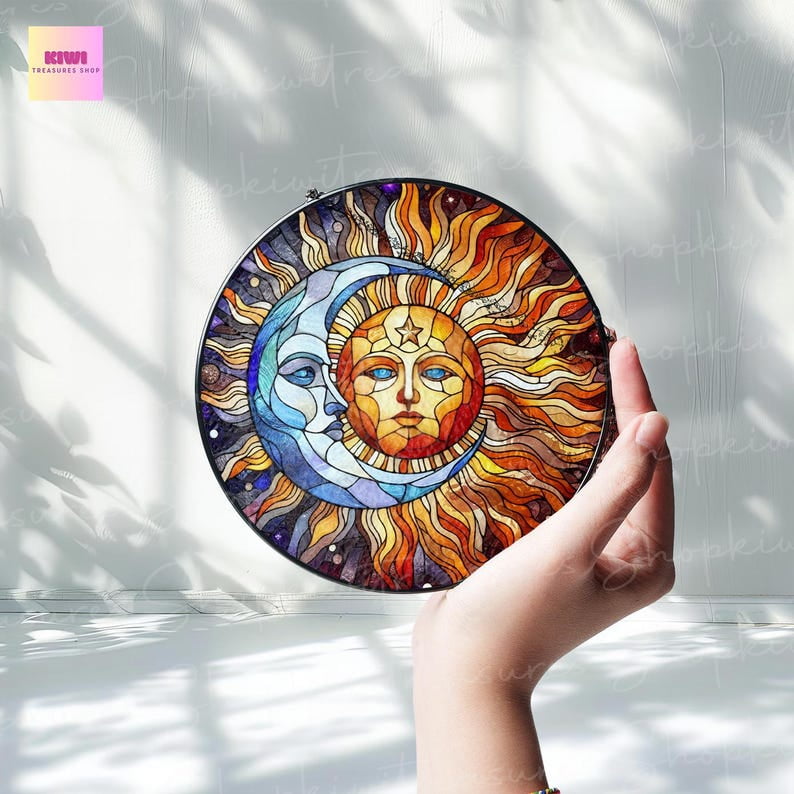 Sun Moon witchcraft GLASS Suncatcher, Celestial sun and moon Ornament ...