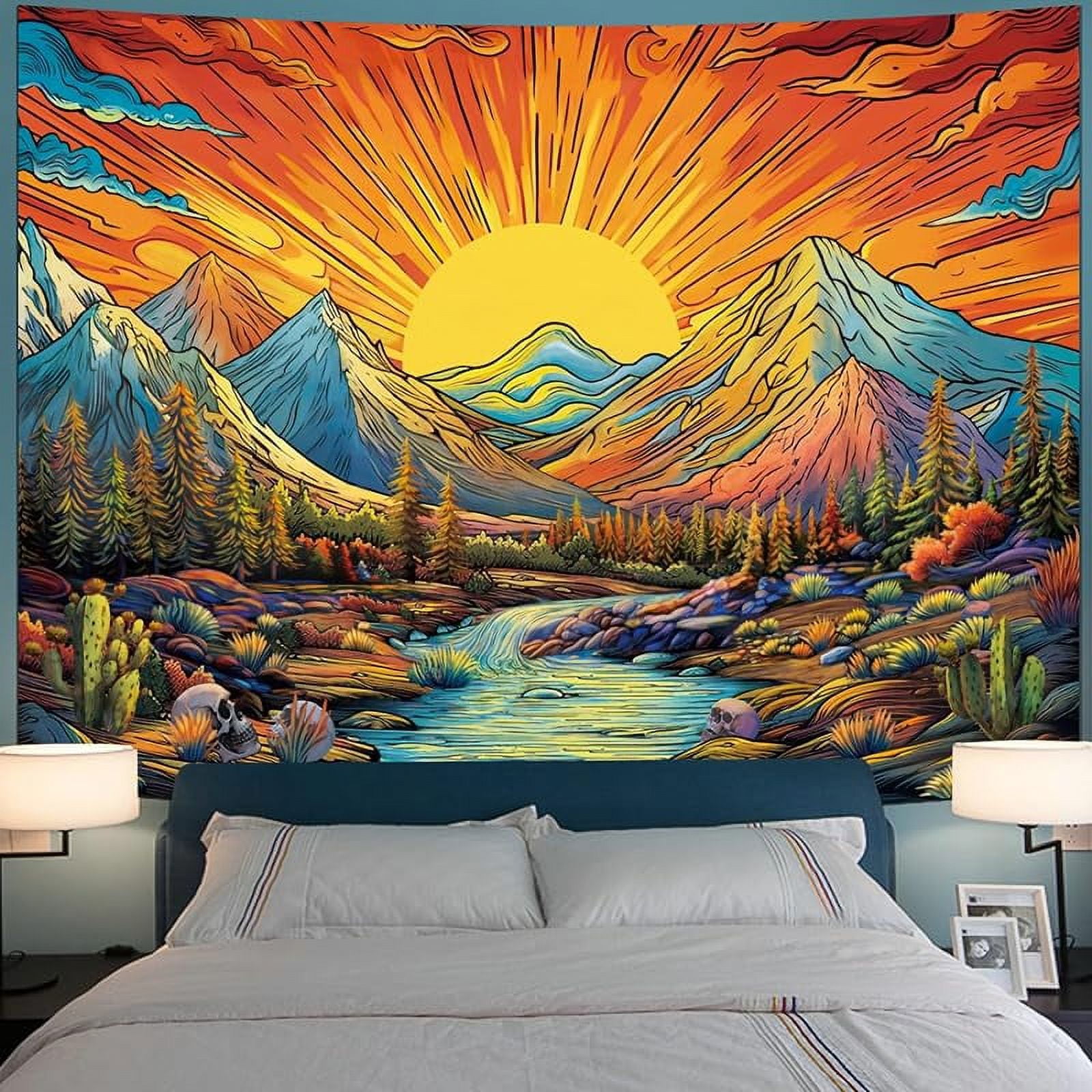 Sun Mountain Tapestry Trippy Forest Tree Tapestry Vintage Aesthetic ...