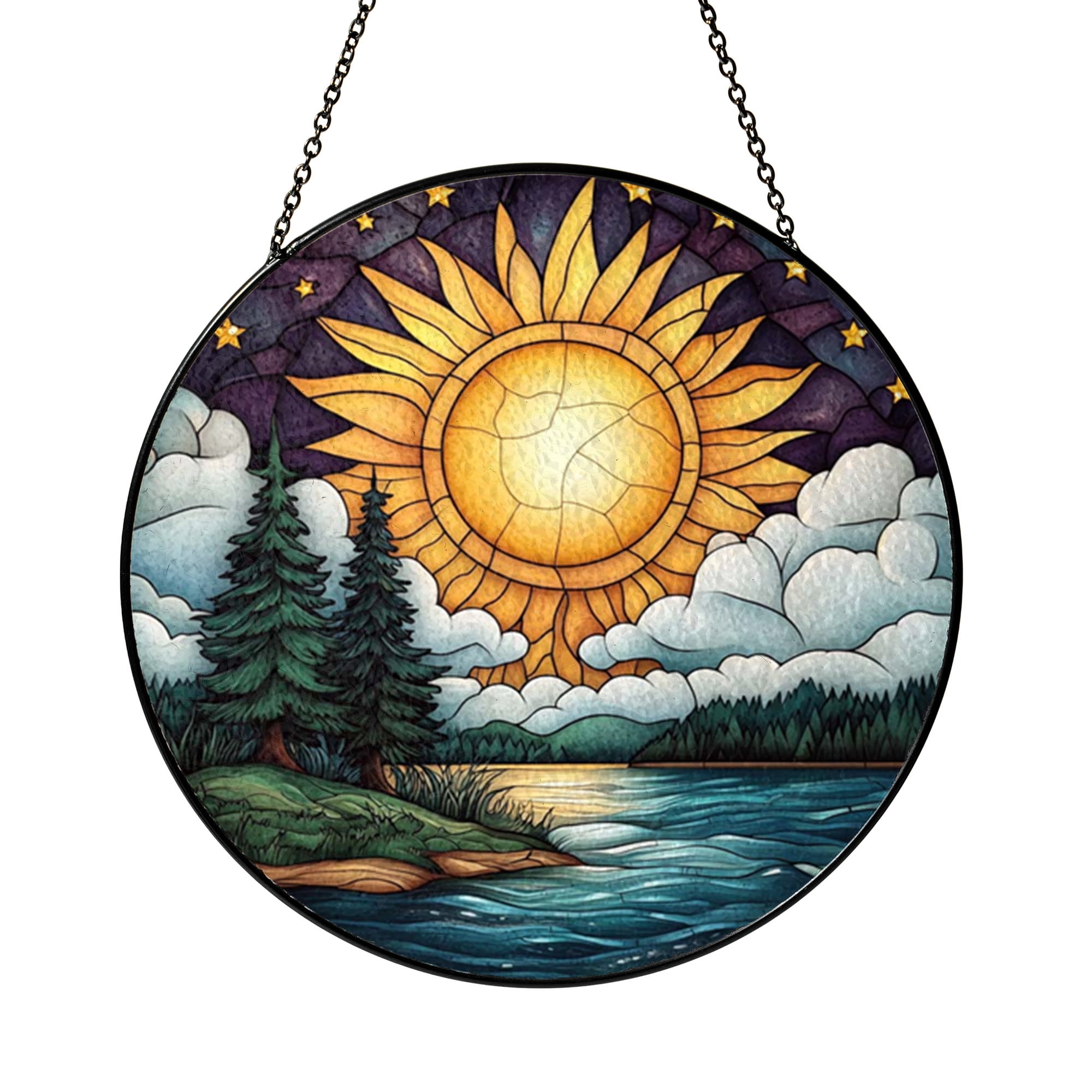 Sun Over Forest Lake Stained Glass Suncatcher, Nature Landscape Window ...