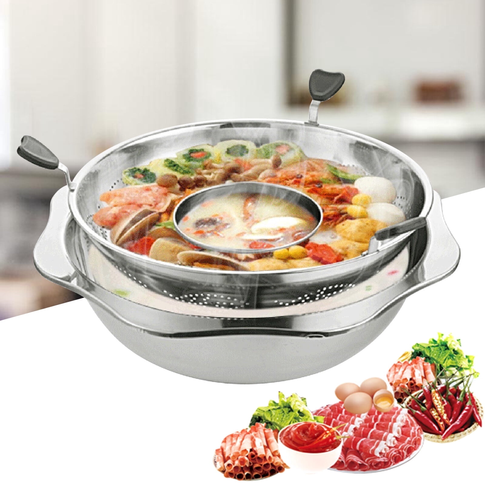 Sun Pattern 12.6" Stainless Steel Rotating Shabu Hot Pot, Double-Layer ...