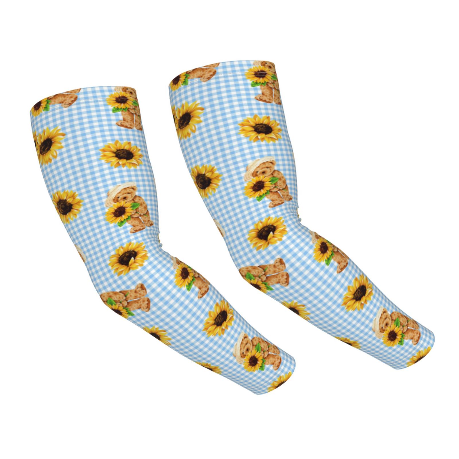 Sun Protection Arm Sleeves for Men Women, bear sunflower checkered blue ...