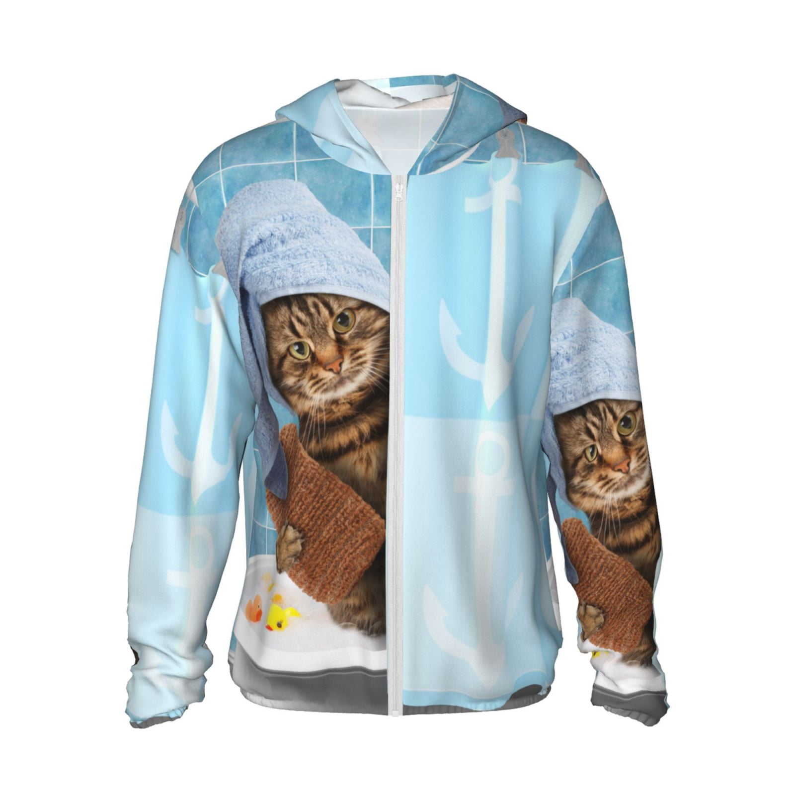 Sun Protection Hoodie Funny Cat Taking a Bath Outdoor Fishing Shirts ...