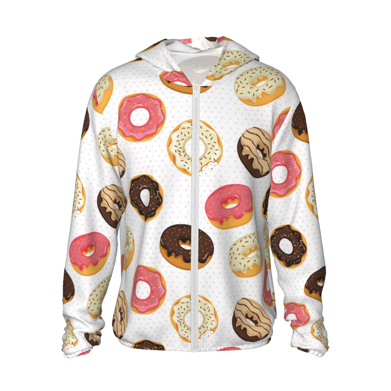 Sun Protection Hoodie Jacket, Donut Print White Polka Dots Sun Shirts ...