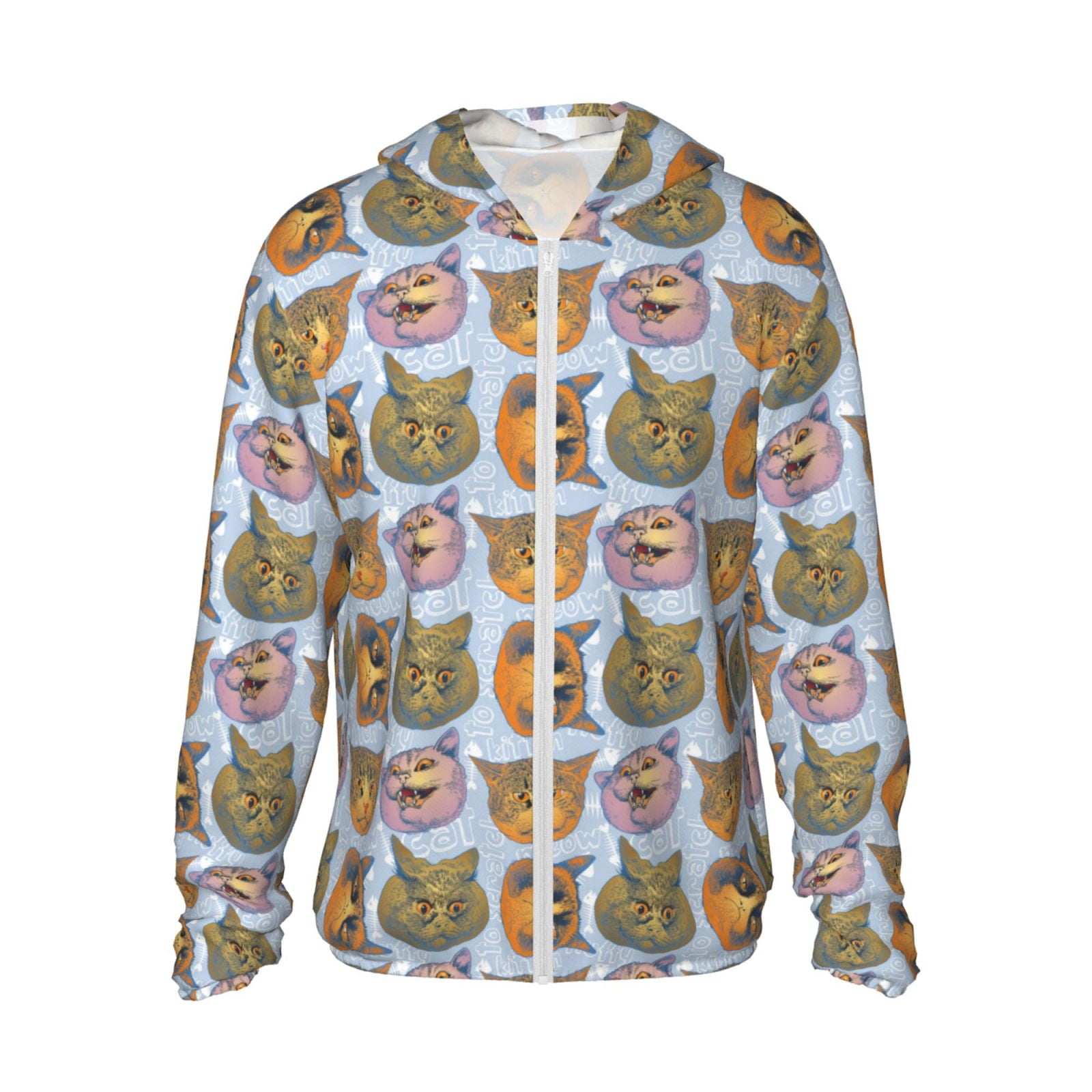 Sun Protection Hoodie Jacket, Hand Drawn Funny Cat Face Sun Shirts For ...