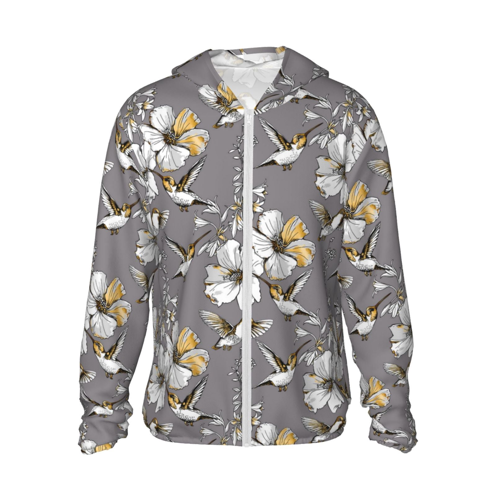 Sun Protection Hoodie Jacket, White Flowers Hummingbird Gray Sun Shirts ...