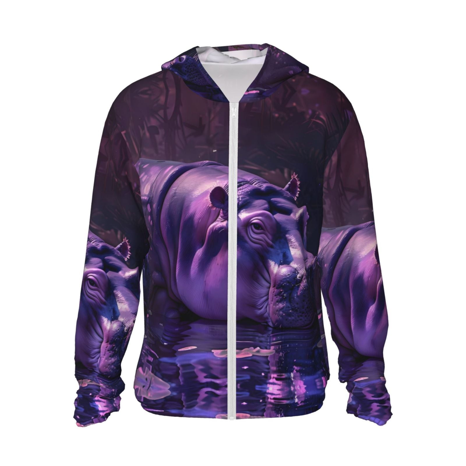 Sun Protection Shirts for Men/Women - Purple Hippo In Water Long Sleeve Sun Hoodie Jacket for ...