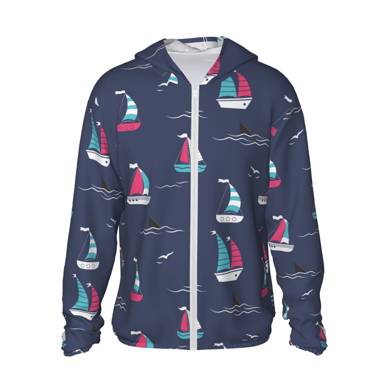 Sun Protection Shirts for Men/Women, cartoon boat shark fins blue Long ...
