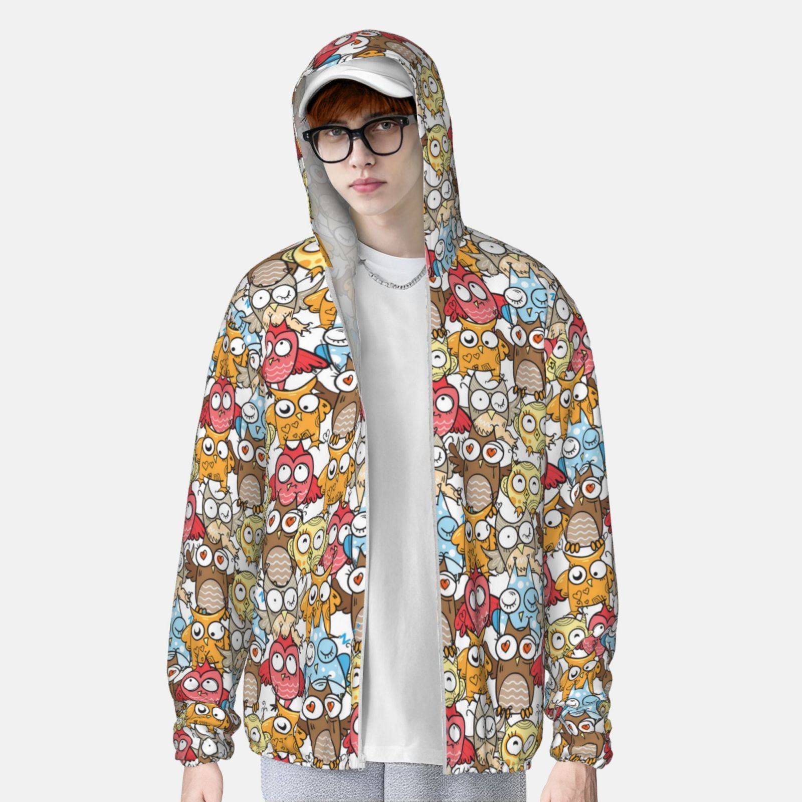 Sun Protection Zip Up Hoodie Jacket, Cartoon Owls 1 Lightweight Long ...