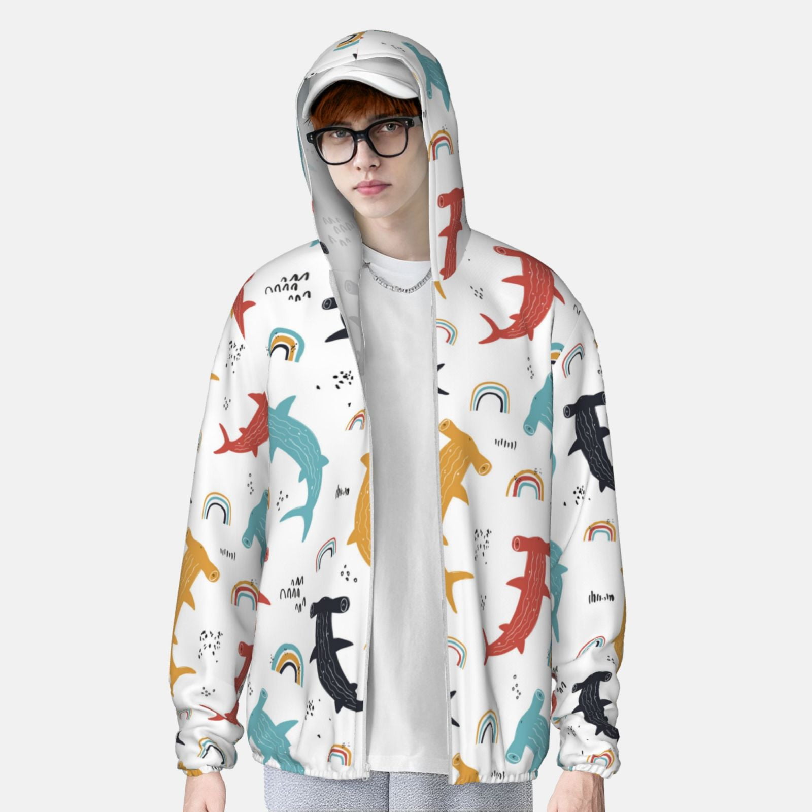 Sun Protection Zip Up Hoodie Jacket, Colorful Rainbow Hammerhead Shark ...