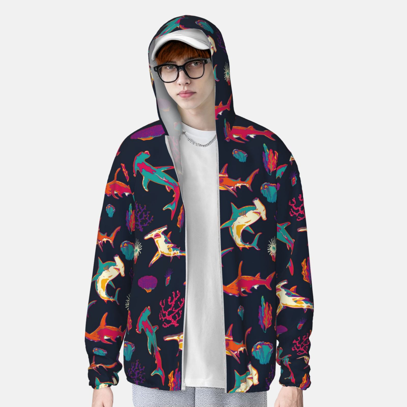 Sun Protection Zip Up Hoodie Jacket, Colorful coral hammerhead shark ...