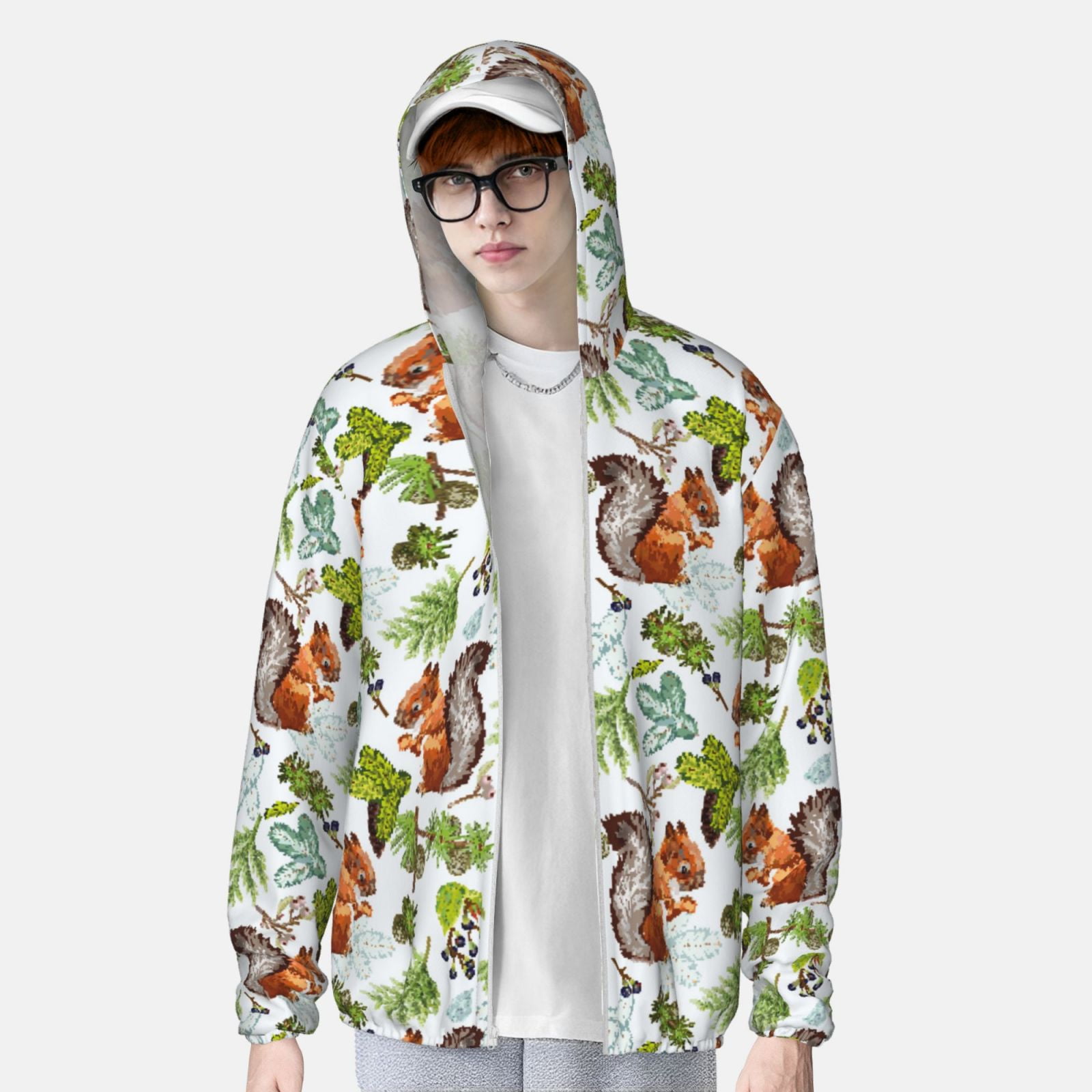 Sun Protection Zip Up Hoodie Jacket, Mosaic Forest Squirrel Lightweight ...