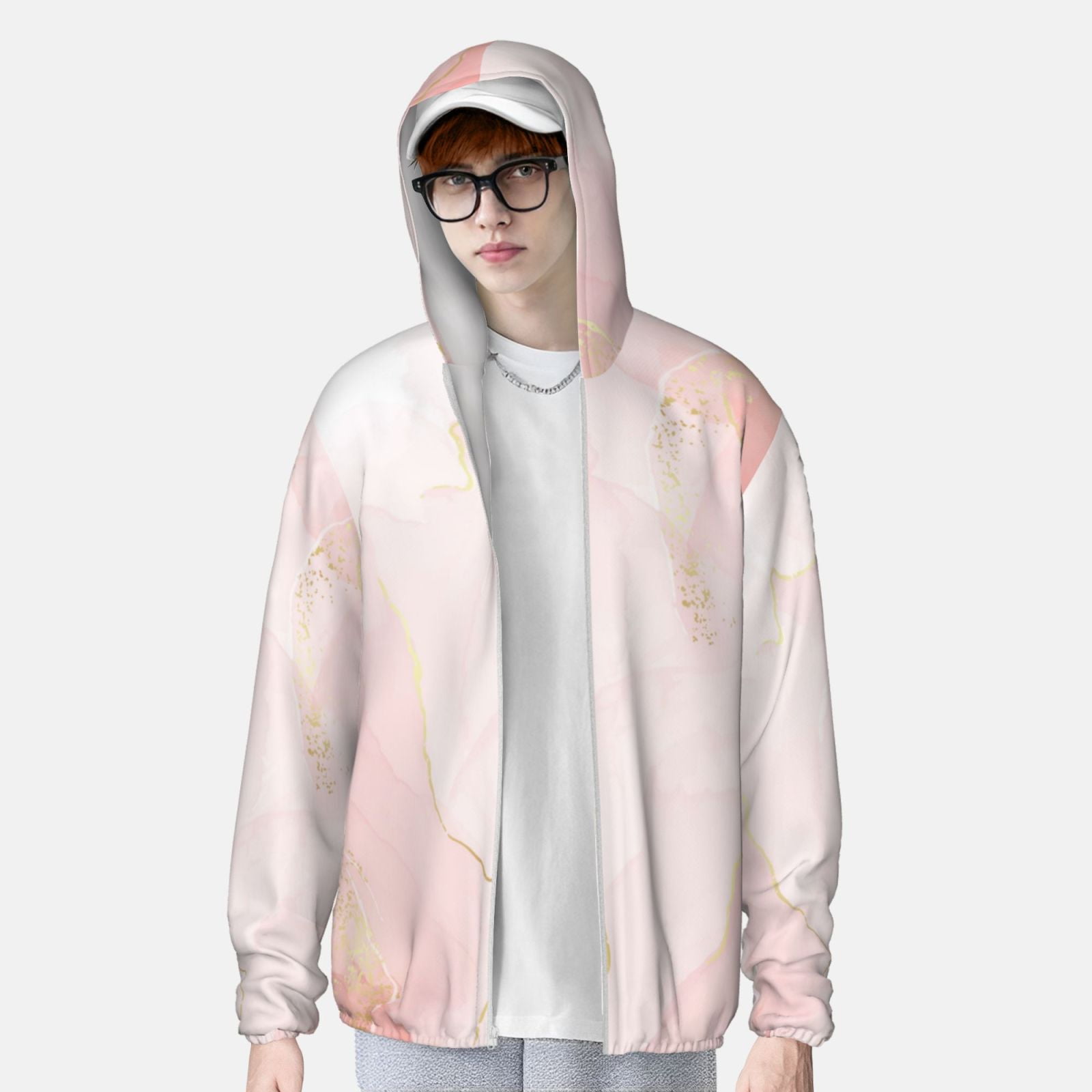 Sun Protection Zip Up Hoodie Jacket, Pink Marble Lightweight Long ...