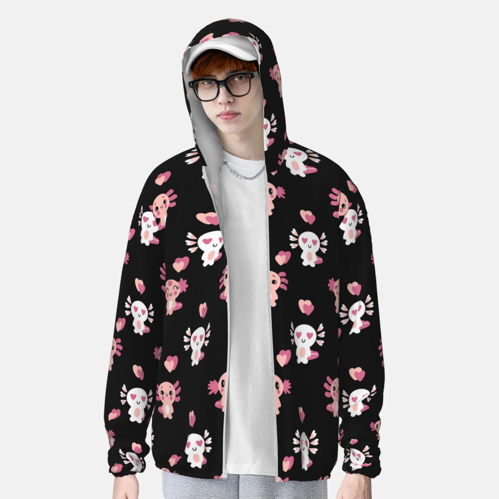 Sun Protection Zip Up Hoodie Jacket, Romantic axolotls heart black ...