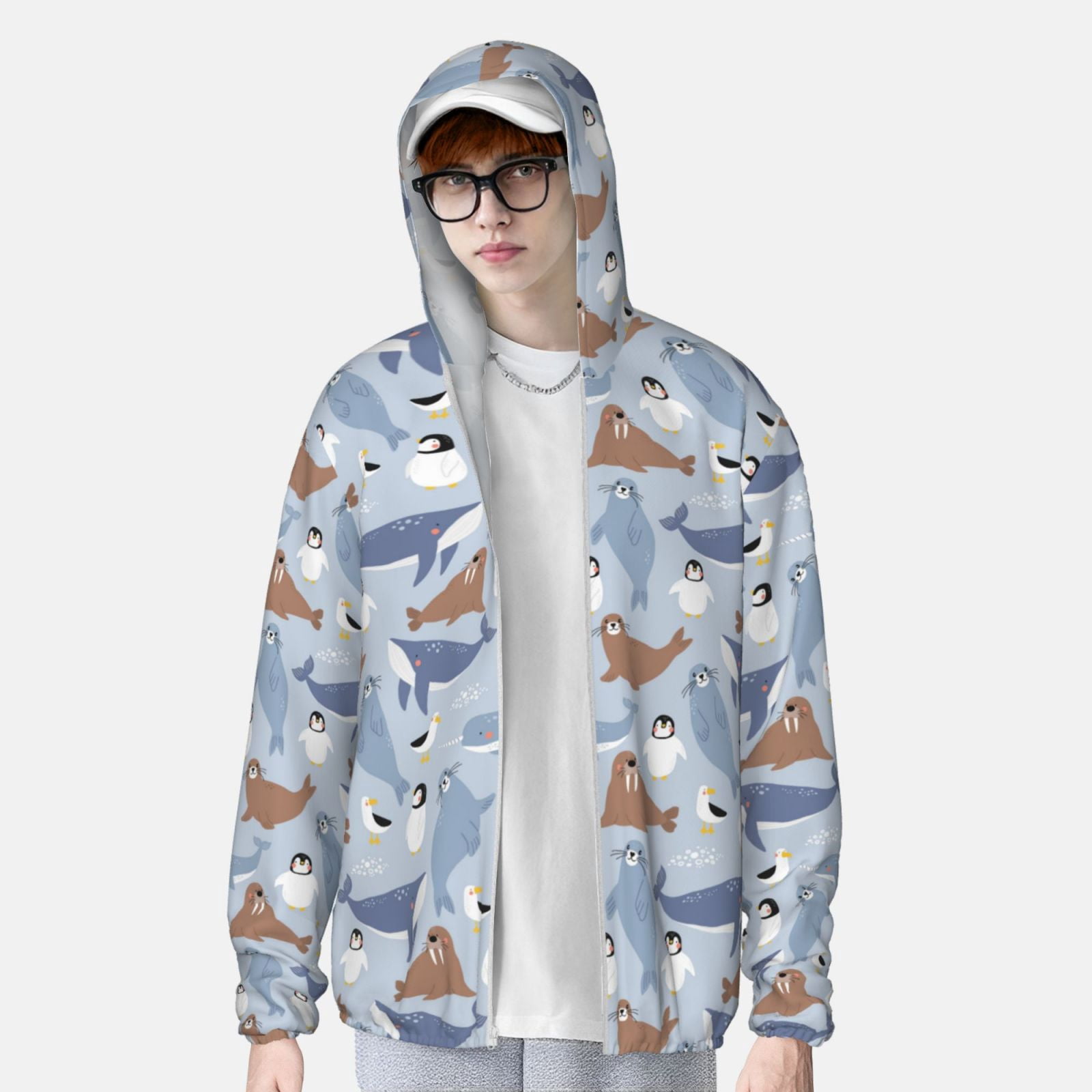 Sun Protection Zip Up Hoodie Jacket, Seal Fox Seagull Whales ...