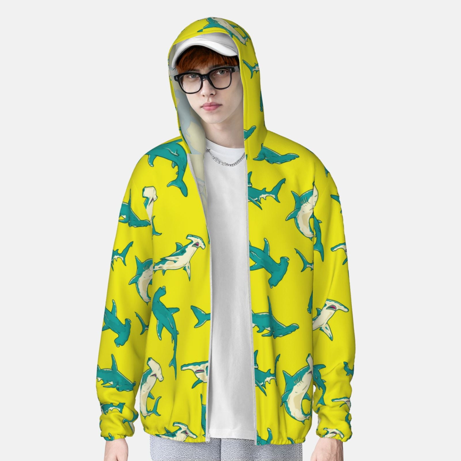 Sun Protection Zip Up Hoodie Jacket, Teal Hammerhead Shark Lightweight ...
