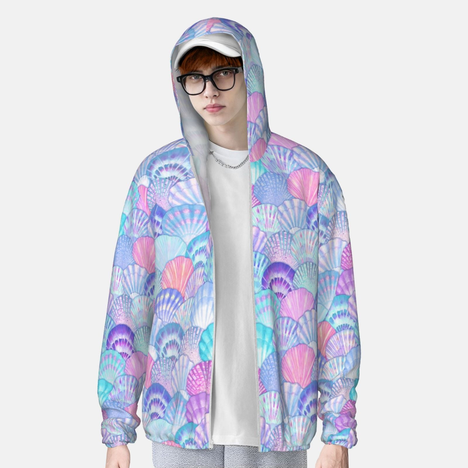 Sun Protection Zip Up Hoodie Jacket, Watercolor Sea Shells 1 ...