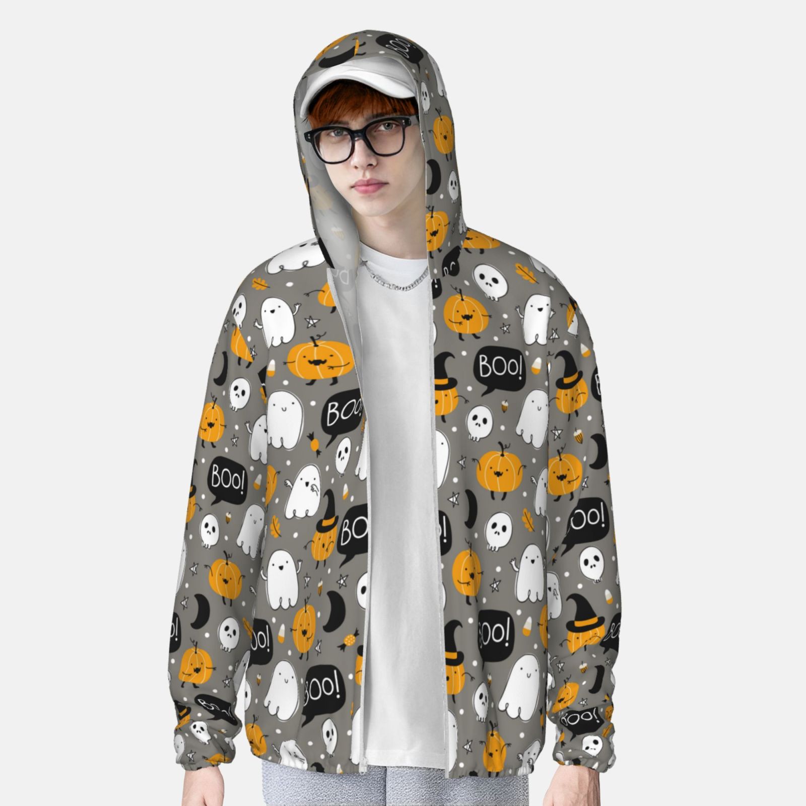 Sun Protection Zip Up Hoodie Jacket, cartoon halloween pumpkins ...