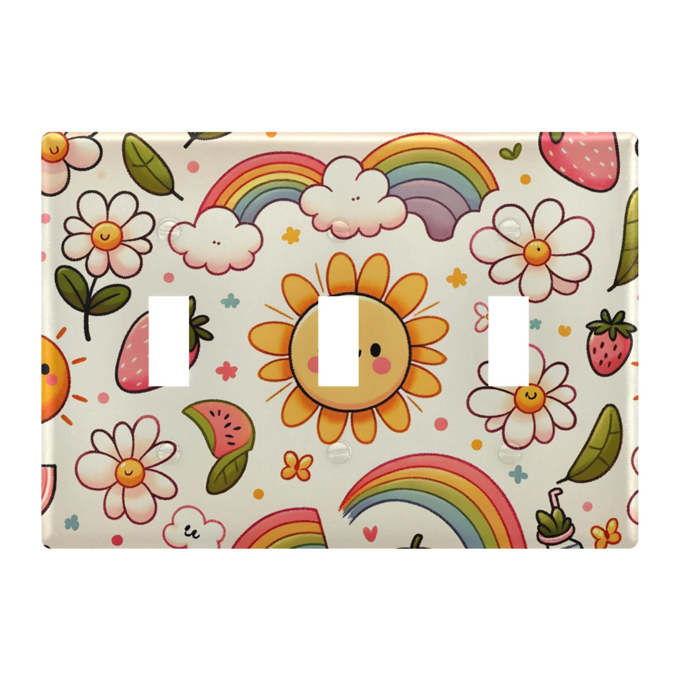 Sun Rainbow Fruits Flowers Light Switch Plate Covers 3 Gang Wall Plate Plastics Outlet Covers ...
