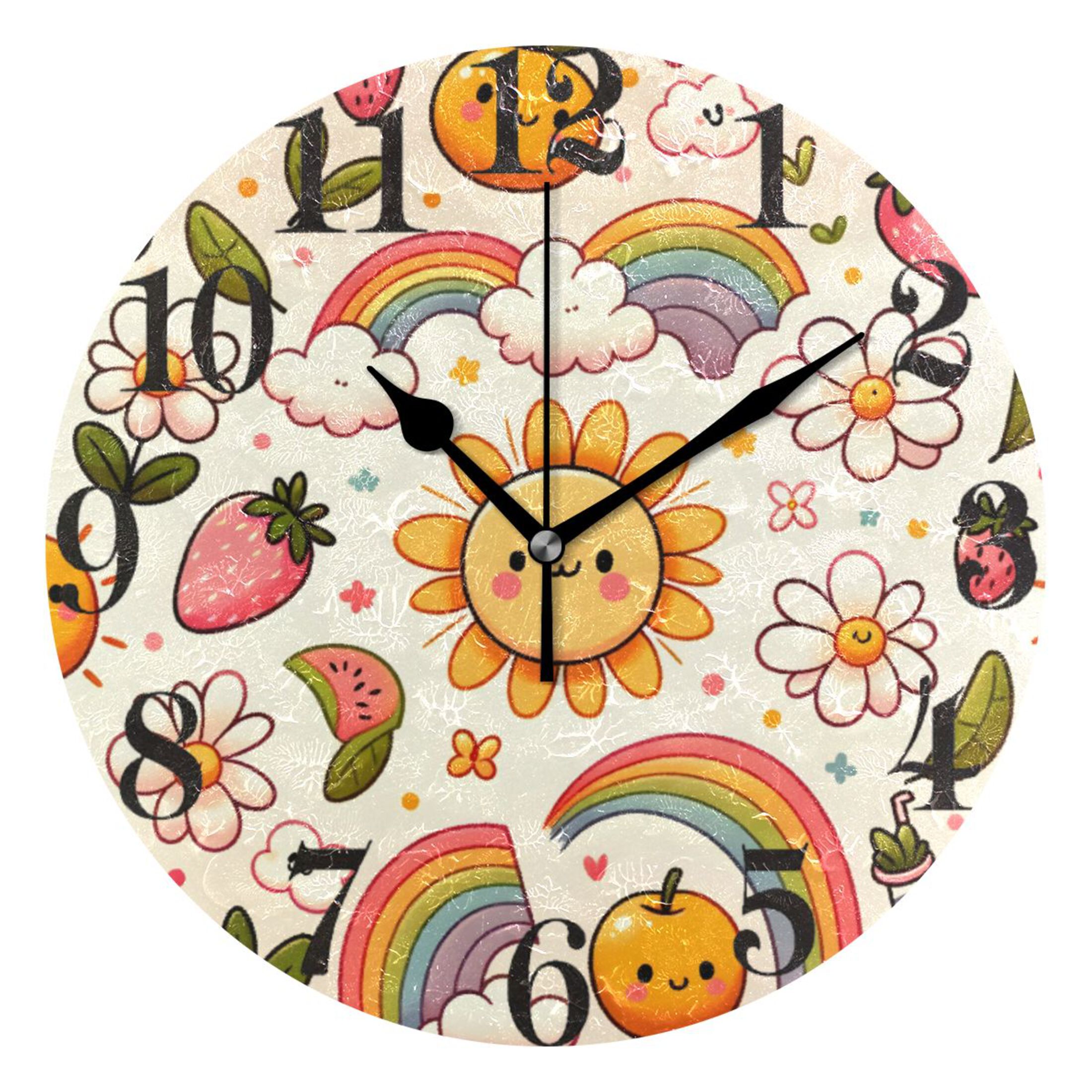 Sun Rainbow Fruits Flowers Wall Clock 9.8 inch Battery Operated Clocks ...